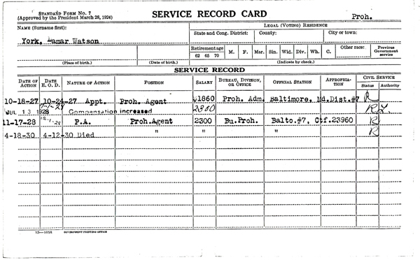 Lamar W. York Service Record Card | Bureau of Alcohol, Tobacco ...
