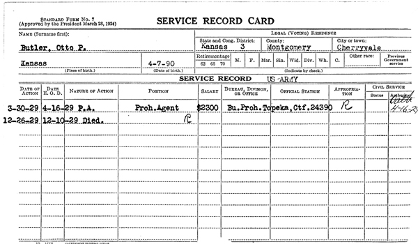 Otto P. Butler Service Record Card | Bureau of Alcohol, Tobacco ...