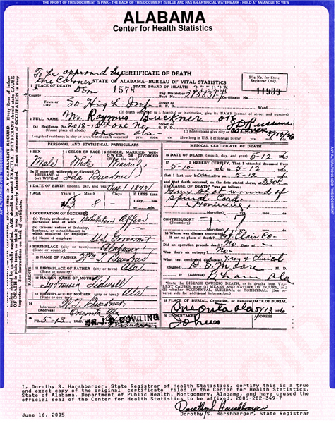 Remus Buckner Death Certificate | Bureau of Alcohol, Tobacco, Firearms ...
