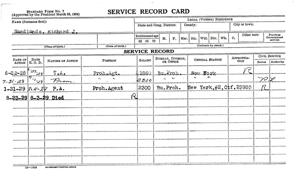 Richard J. Sandlands Service Record Card | Bureau of Alcohol, Tobacco ...