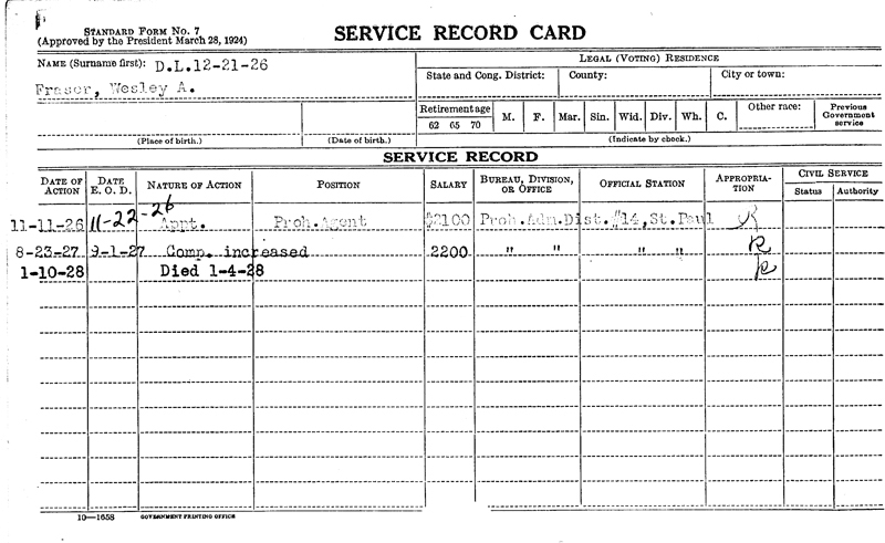 Wesley A. Faser Service Record Card | Bureau of Alcohol, Tobacco ...