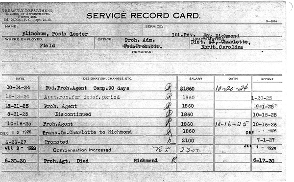 Posie L. Flinchum Service Record Card | Bureau of Alcohol, Tobacco ...