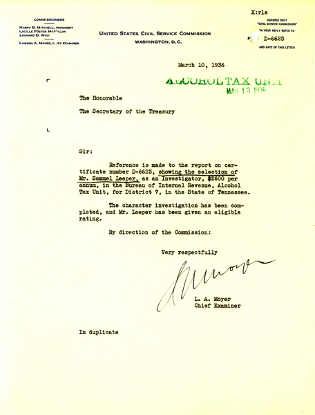 Selection of Samuel Leeper, dated March 10, 1936 | Bureau of Alcohol ...